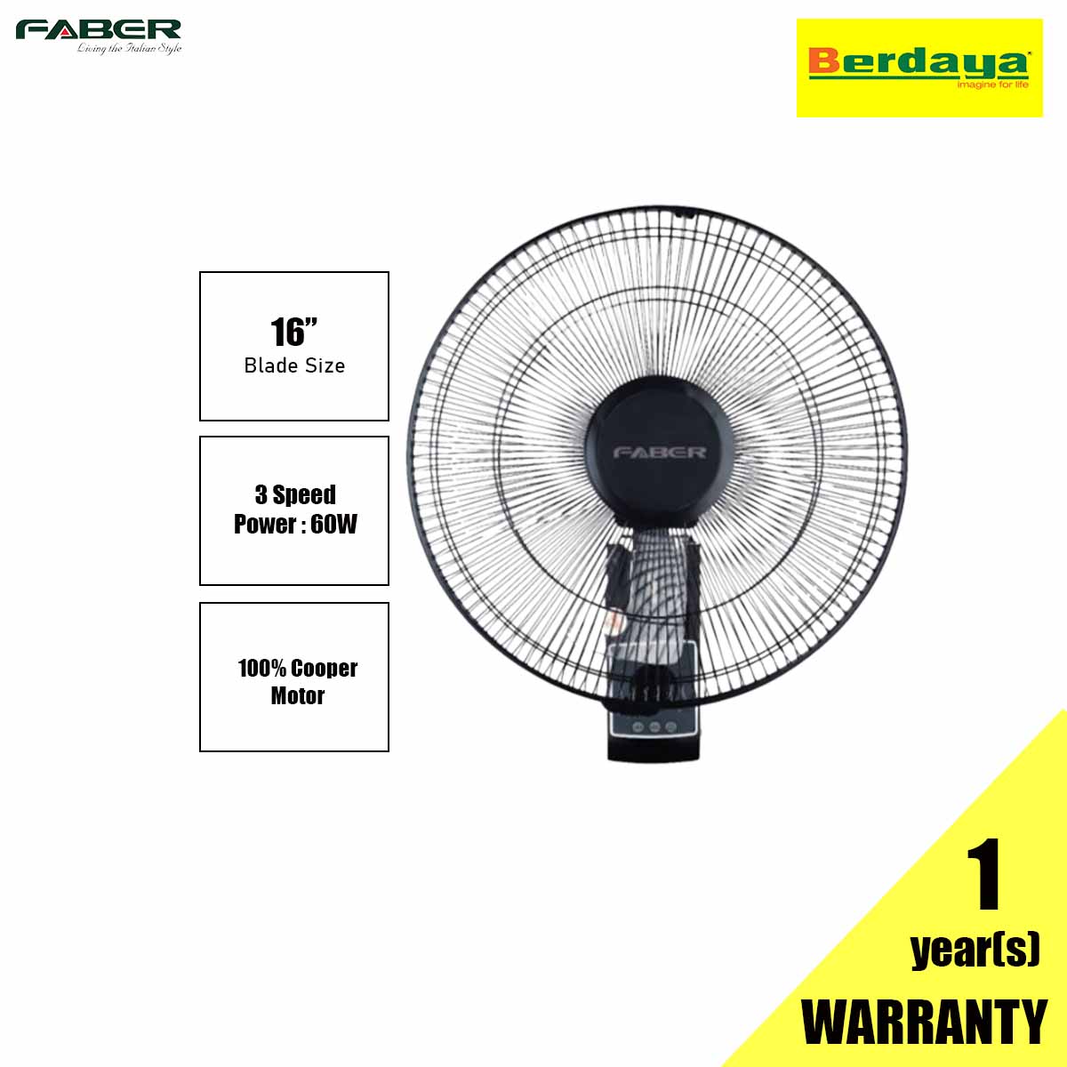 Faber 16" FWF VIENTO 1637R Remote Control Wall Fan | Berdaya